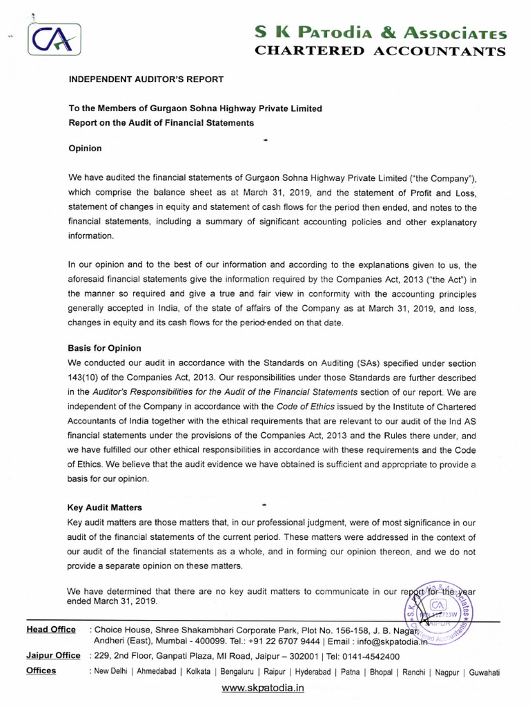 Financial Result For Year Ended 31st, March 2019 (Gurgaon Sohna Highway Pvt. LTD) | PDF ...