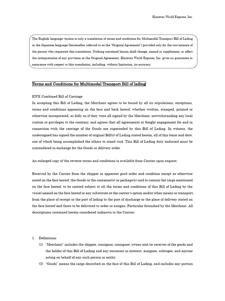 Multimodal - Transportation - Bill - of - Lading - Japanese To Eng - KINTETSU WORLD - KWE | PDF ...