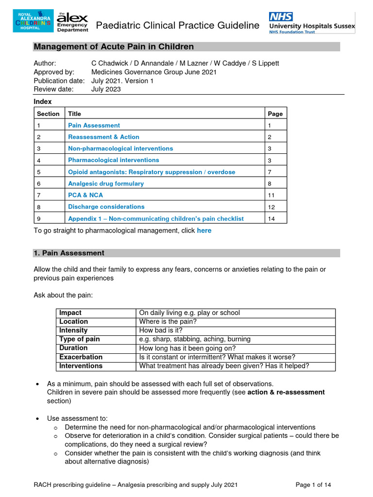 Paediatric Prescribing Guideline Acute Pain Management 2021 | PDF ...