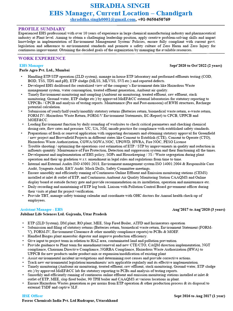 EHS Leadership Profile: Shraddha Singh | PDF | Safety | Waste