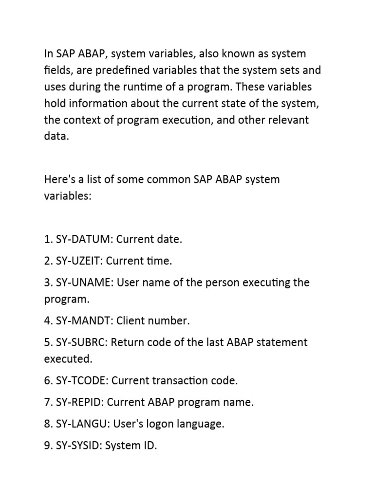 System Variables - in SAP ABAP | PDF | Business | Computers