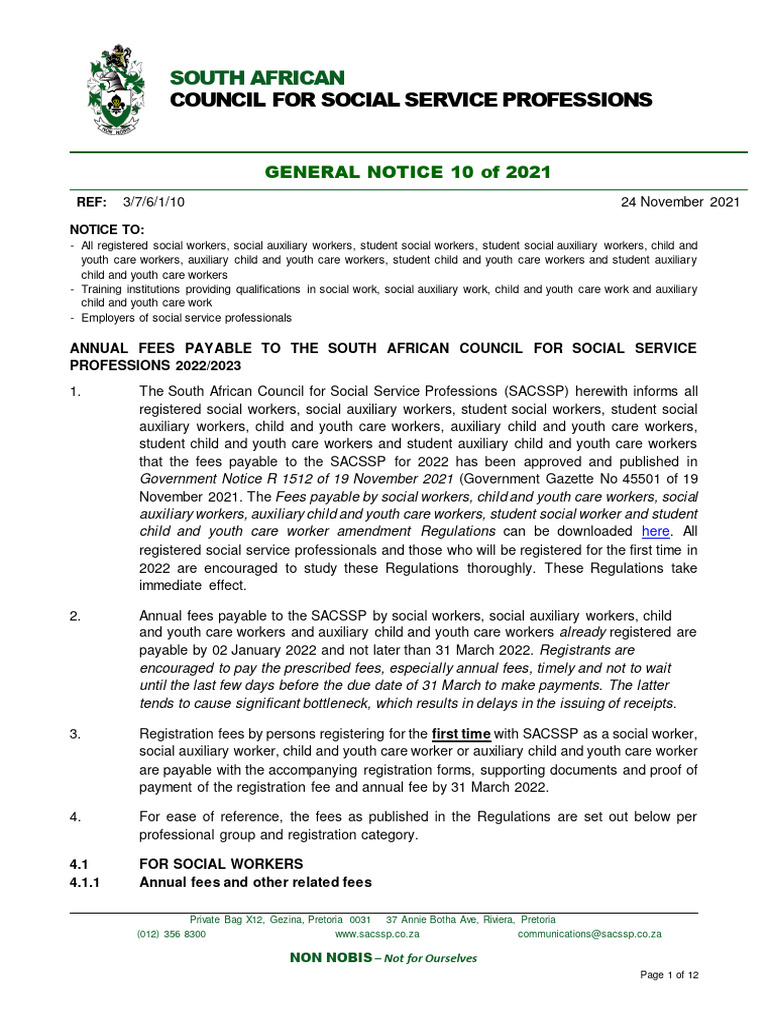 Sacssp General Notice 10 of 2021 Approved Fees 2022 | PDF | Social Work ...