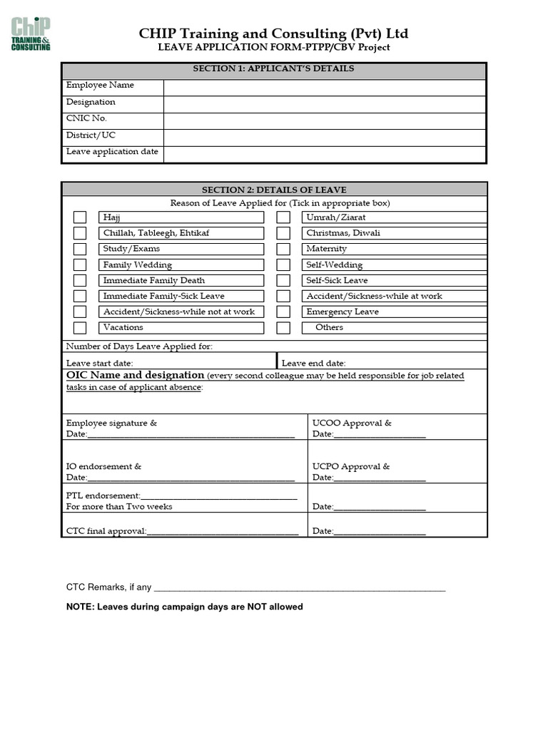 Leave Application Form for PTPP/CBV Project | PDF | Career & Growth