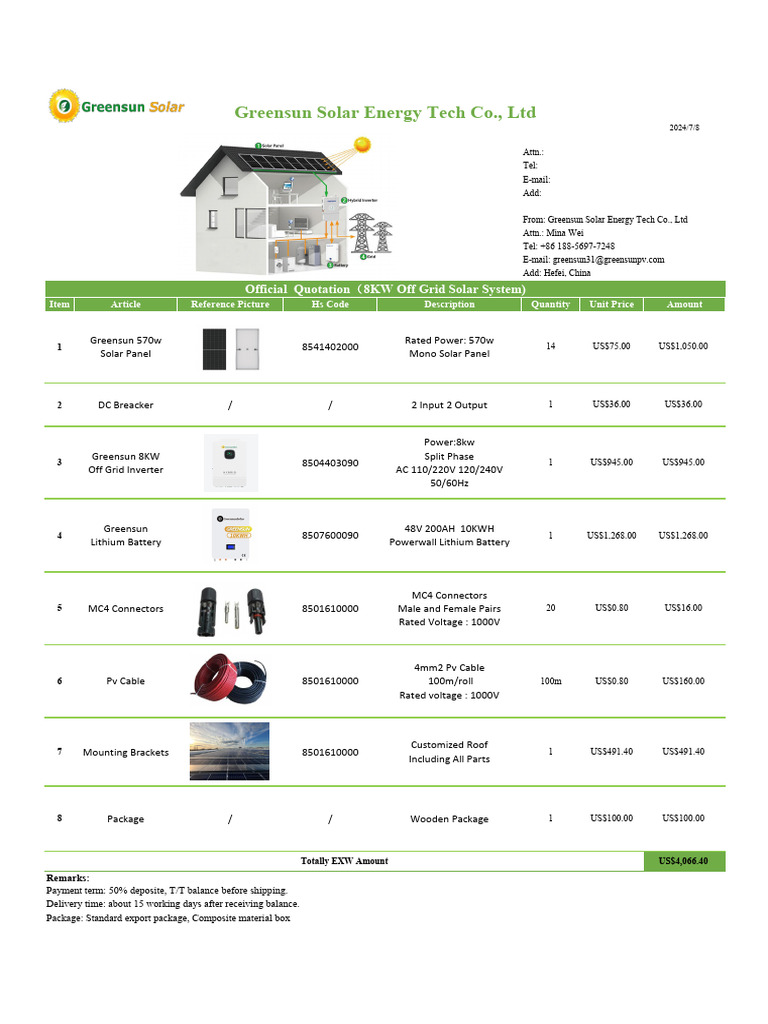 8KW Off Grid Solar System Greensun Official Quotation-Mina | PDF ...