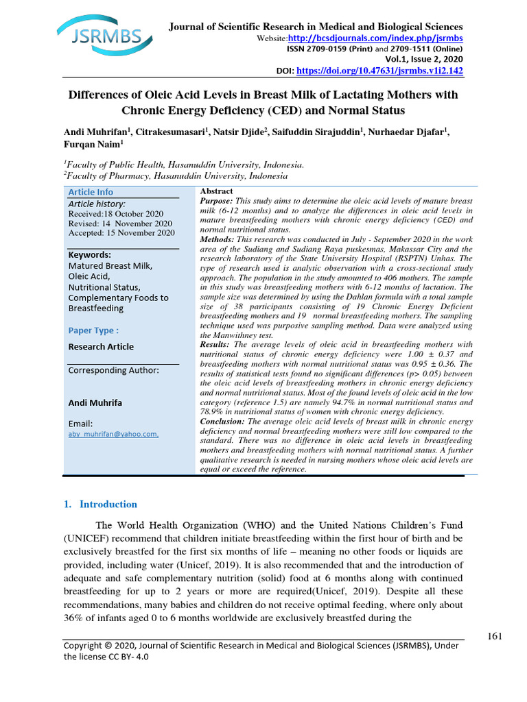 8.differences of Oleic Acid Levels in Breast Milk of Lactating Mothers ...