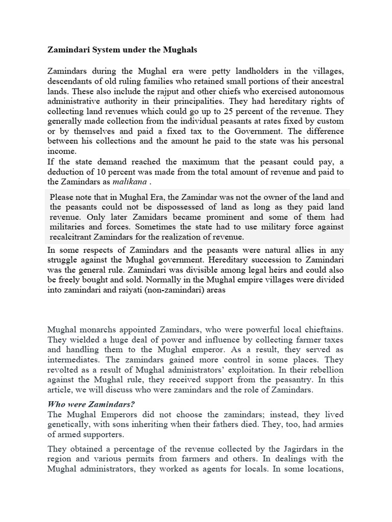 Zamindari System Under The Mughals | PDF