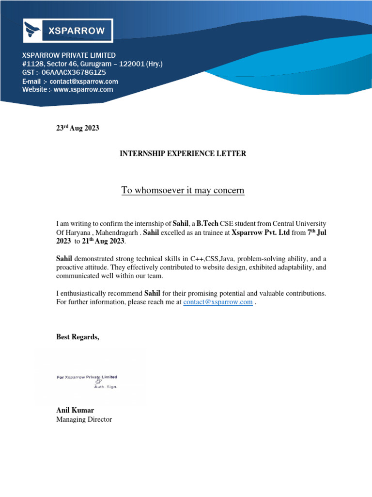 Sahil Intern Experience Letter | PDF