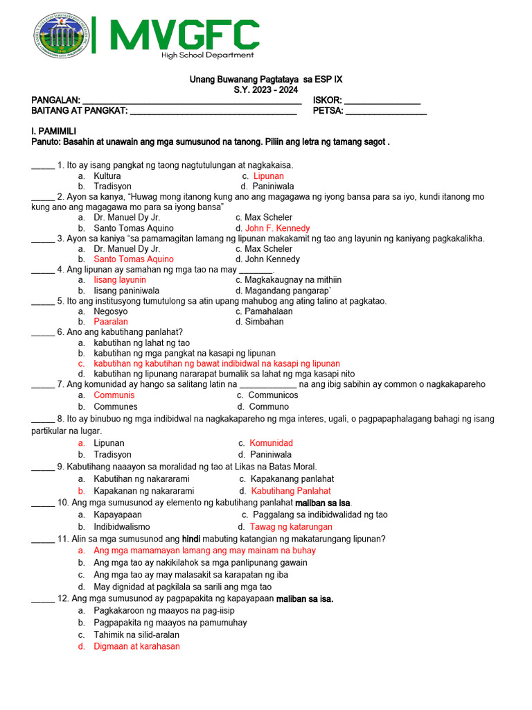 ESP 9 - First Monthly Quiz - Docx | PDF