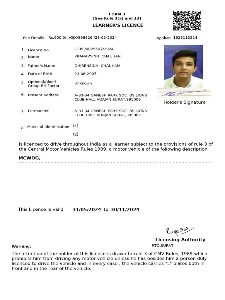 Learner'S Licence: Form 3 (See Rule 3 (A) and 13) | PDF