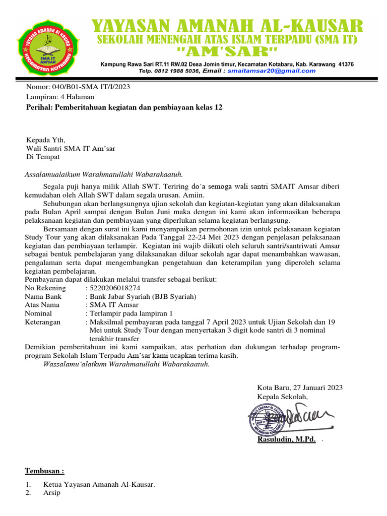 040 - B01-SMAIT - Ujian Sekolah Dan Study Tour Kelas 12 | PDF