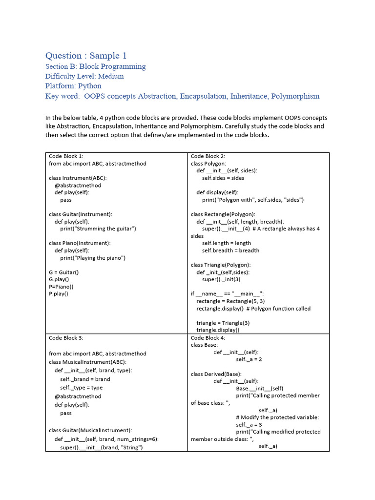 Sample Questions | PDF | Inheritance (Object Oriented Programming) | Abstraction (Computer Science)