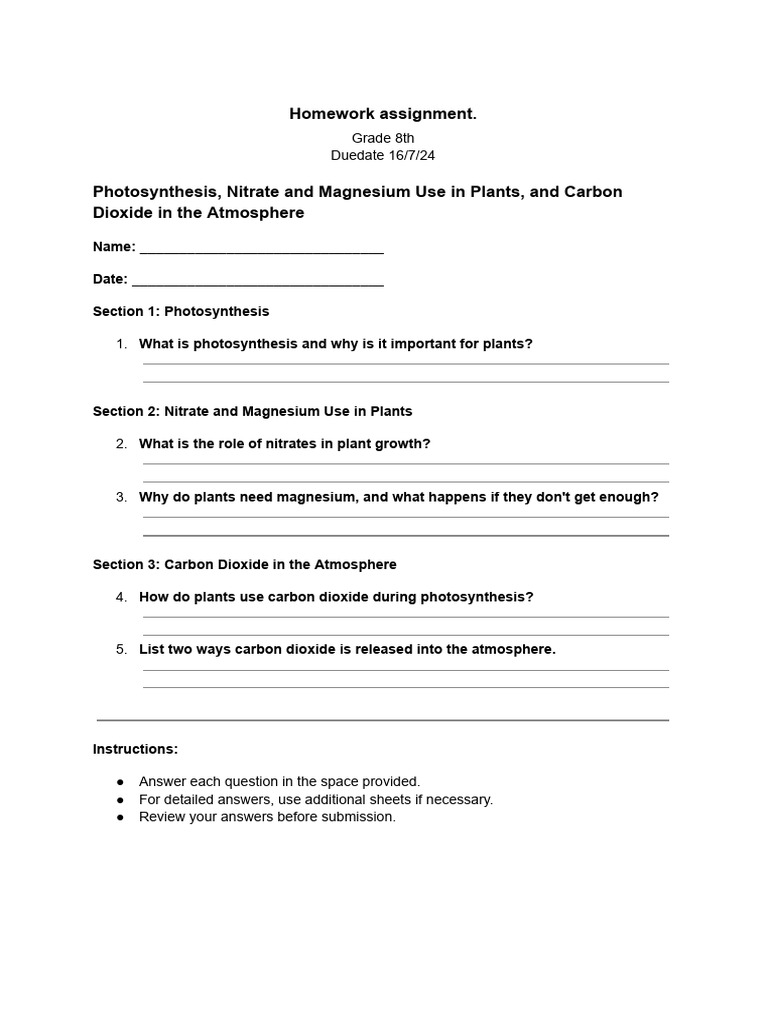 8th Grade Homework: Photosynthesis & Plants | PDF | Science & Mathematics