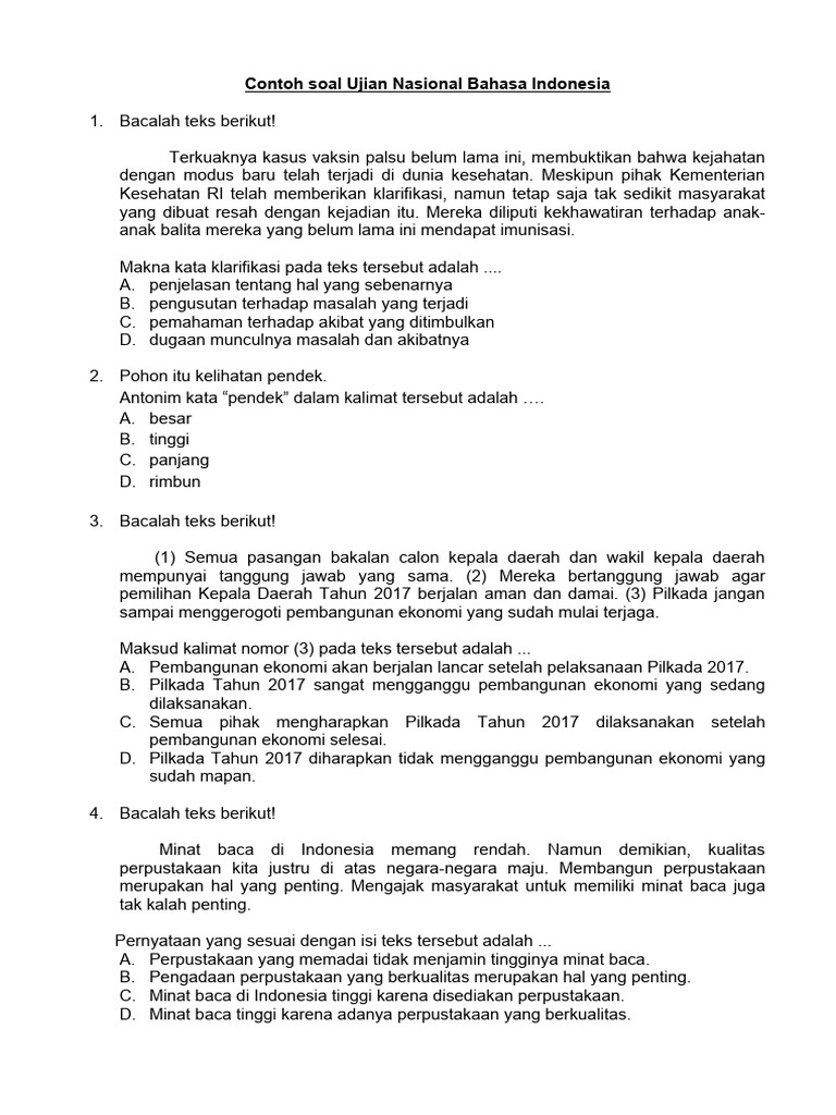 Contoh Soal Ujian Nasional Bahasa Indonesia | PDF