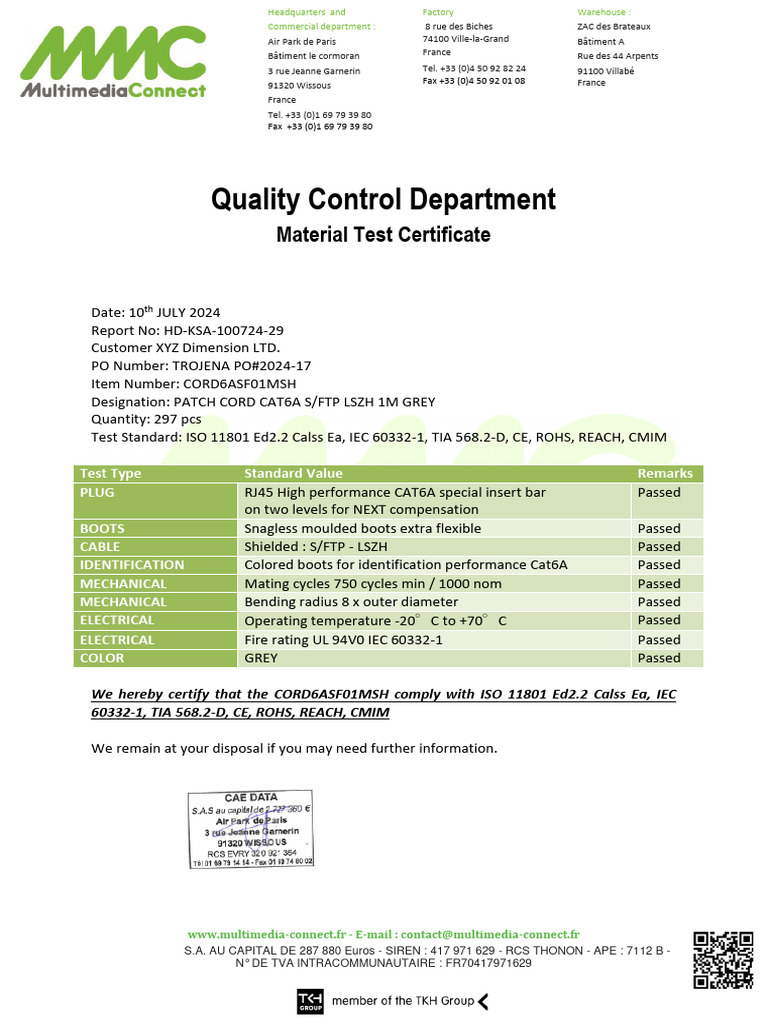 MTC CORD6ASF01MSH Report No HD-KSA-100724-29 | PDF
