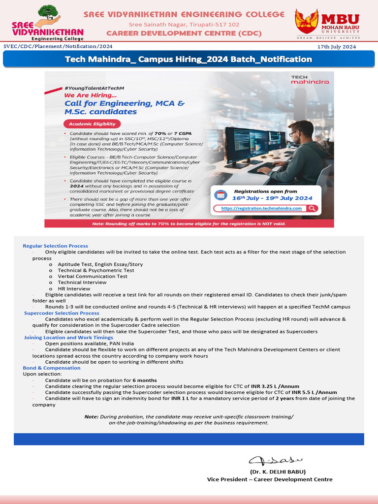 Tech Mahindra - Campus Hiring - 2024 Batch - Notification | PDF