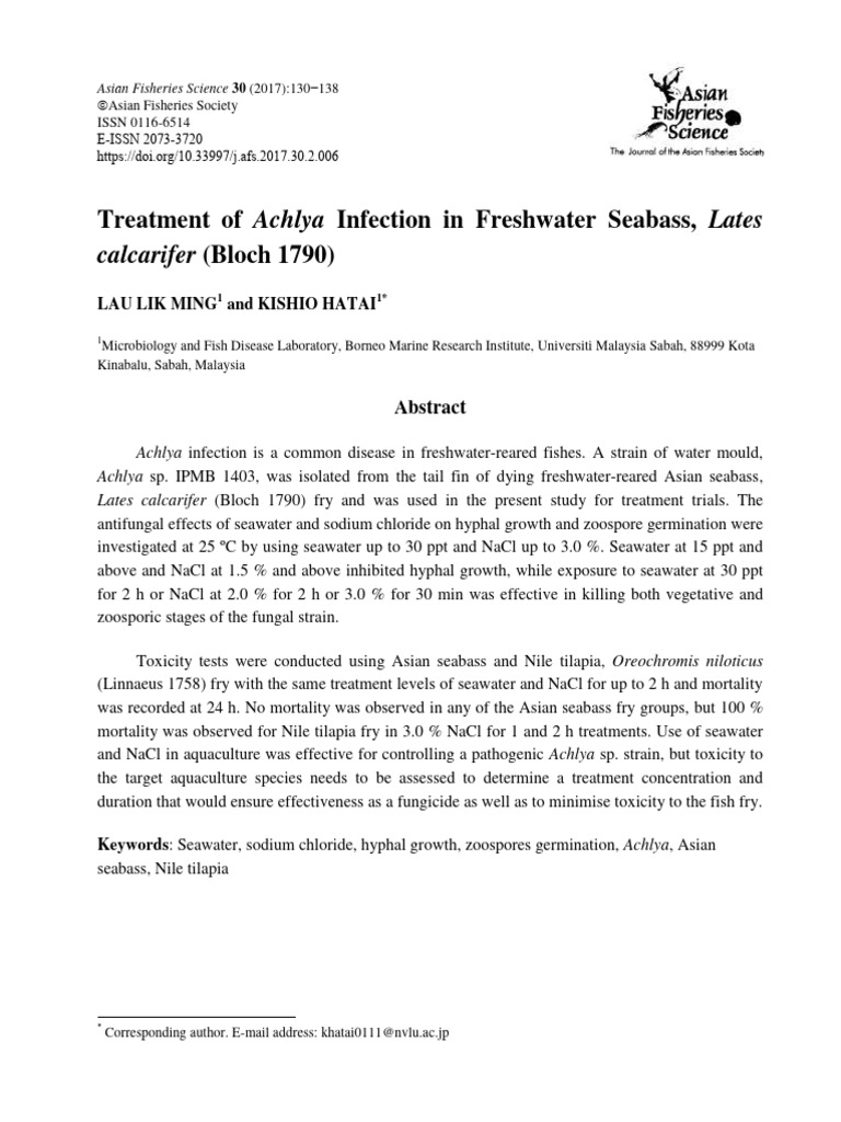 Treatment of Achlya Infection in Freshwater Seabass, Lates Calcarifer ...