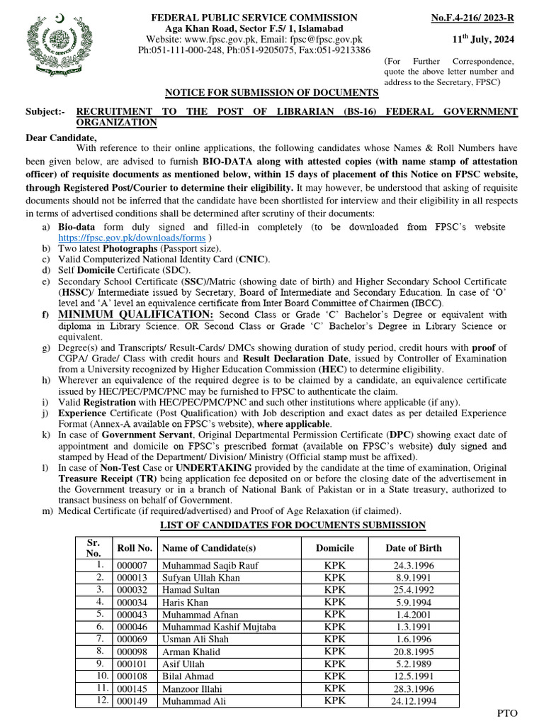 FPSC Librarian Document Submission Notice | PDF | Bachelor's Degree ...