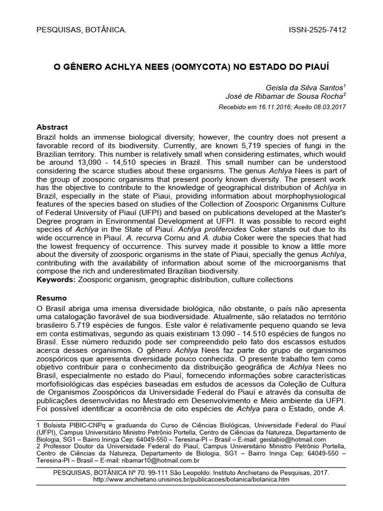 GÊNERO ACHLYA NEES (OOMYCOTA) NO ESTADO DO PIAUI | PDF | Biologia ...
