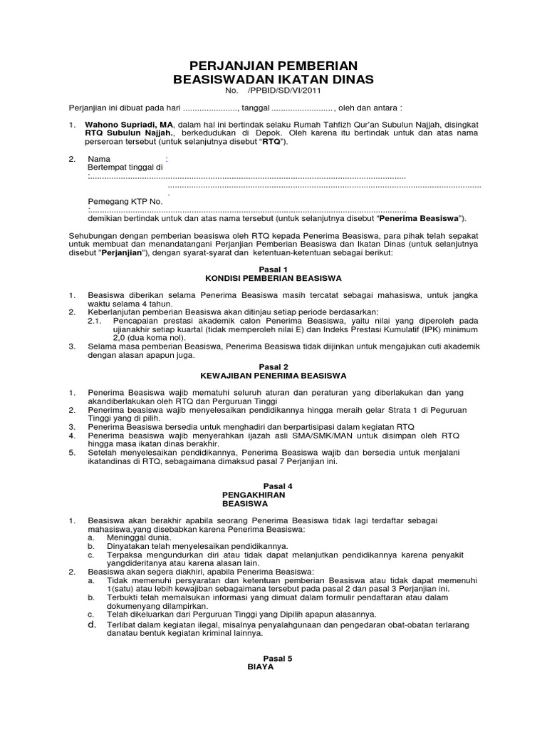 Perjanjian Pemberian Beasiswa Dan Ikatan Dinas Pdf