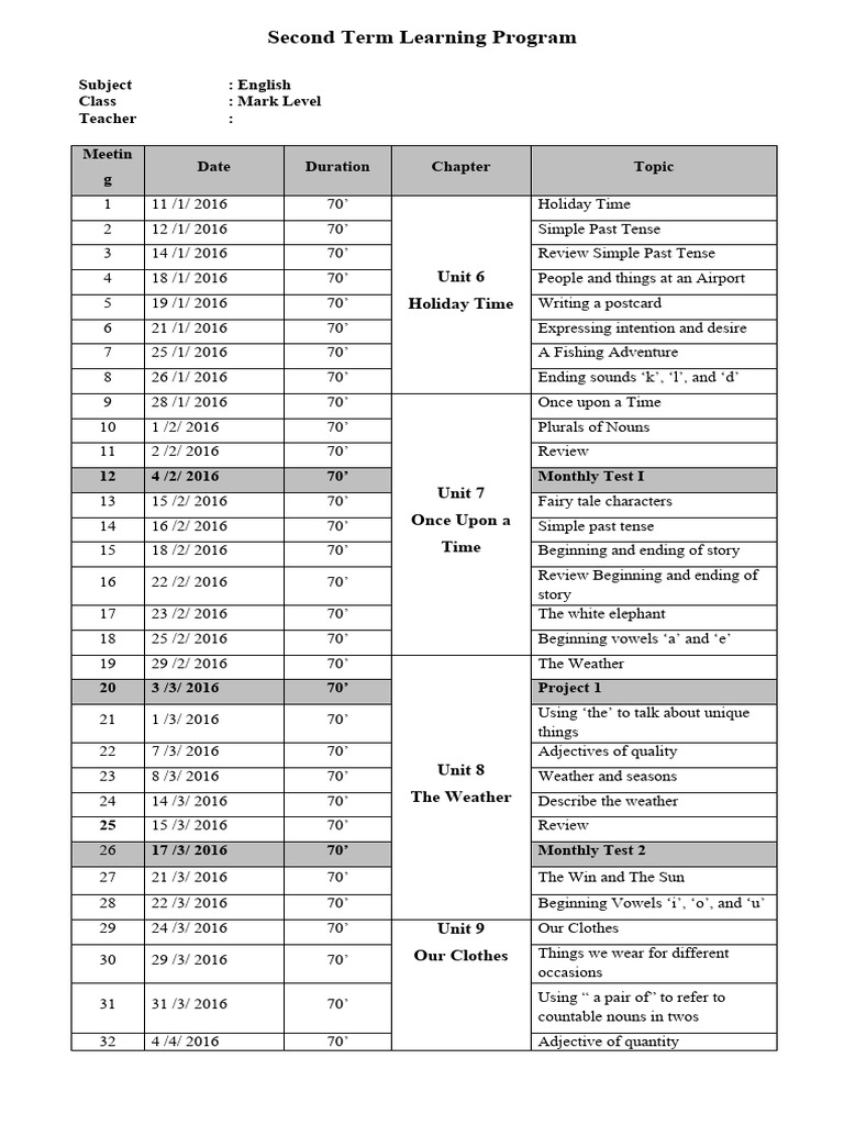 Second Term English Learning Plan | PDF | English Language | Adjective