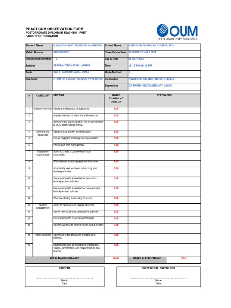 2024 FOE Practicum Observation Form - PGDT Yang Kedua | PDF | Human ...