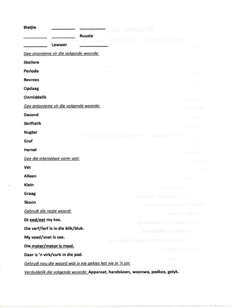Afrikaans Werkblad Bladsy 2 | PDF