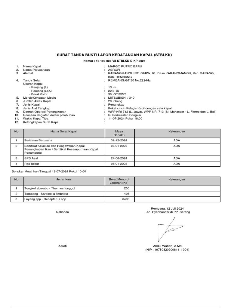SPB Datang 12 192 003 VII STBLKK D KP 2024 | PDF