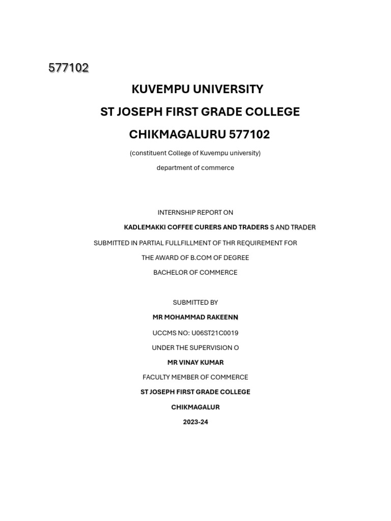 Internship Report Mohammed Rakeen 2 Pdf Coffee Sustainability 