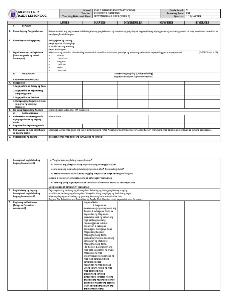 DLL - Esp 5 - Q1 - W2 | PDF