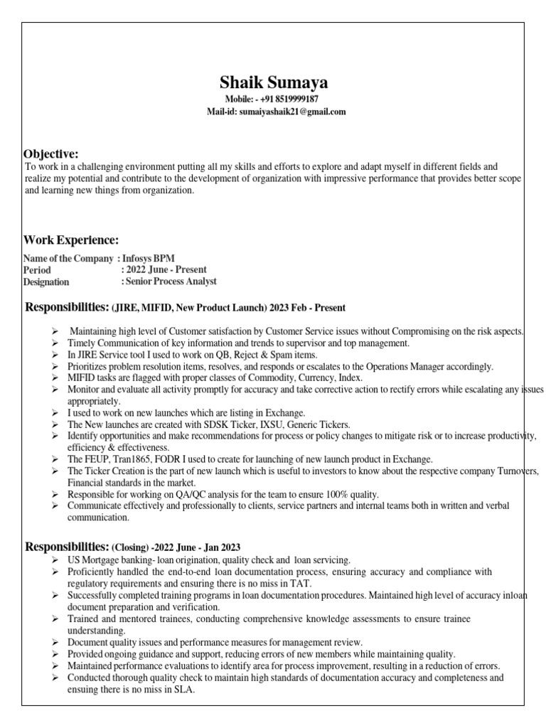 Sumaiya CV | PDF | Regulatory Compliance | Accuracy And Precision