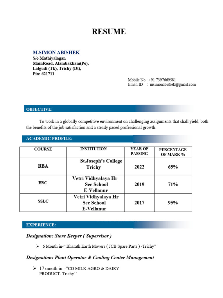 BBA Graduate Resume with Experience | PDF