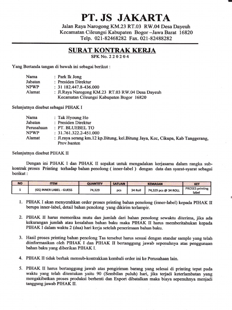Sub Kontrak JSJ | PDF