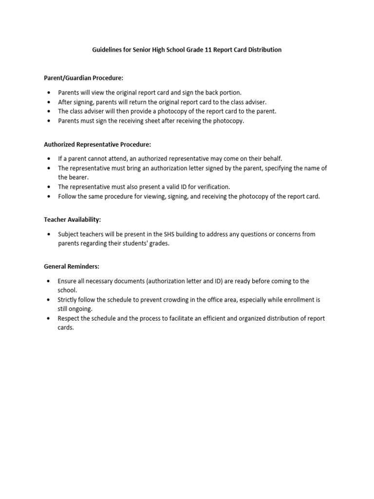 Guidelines For Senior High School Grade 11 Report Card Distribution | PDF