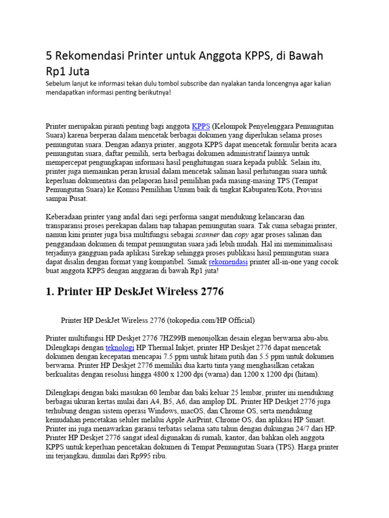 5 Rekomendasi Printer Untuk Anggota KPPS | PDF