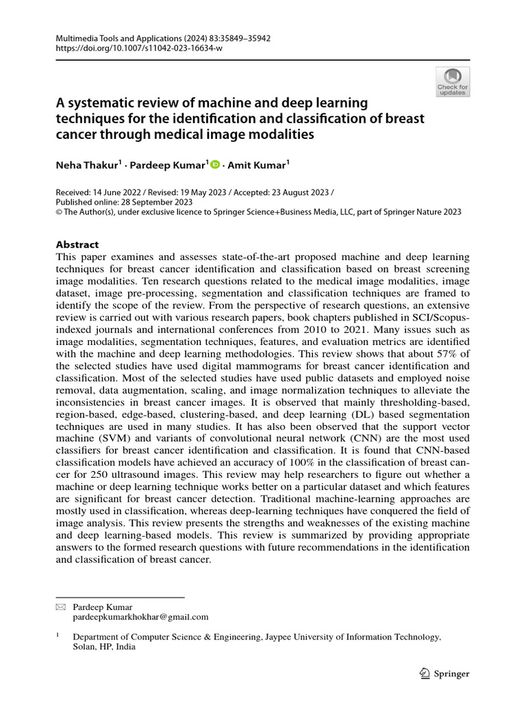 A Systematic Review of Machine and Deep Learning Techniques | Download Free PDF | Mammography ...