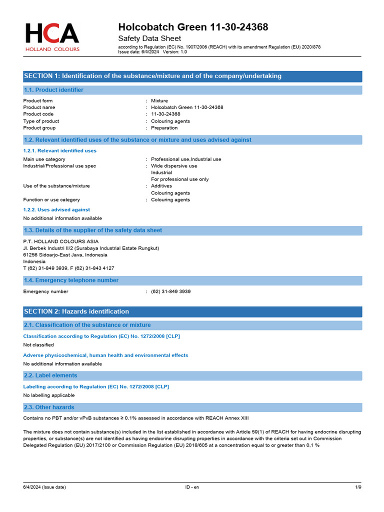 Holcobatch Green 11-30-24368 - Safety Data Sheet (SDS), EU - v1.0 | PDF ...