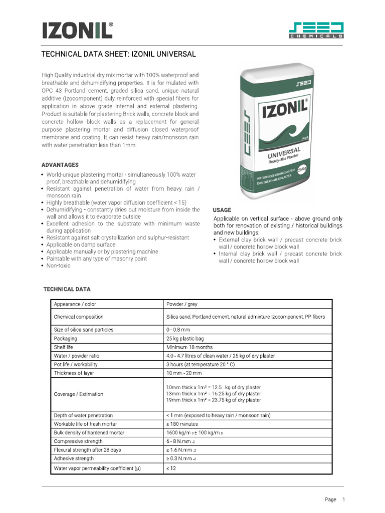 TDS IZONIL Universal Plaster | PDF