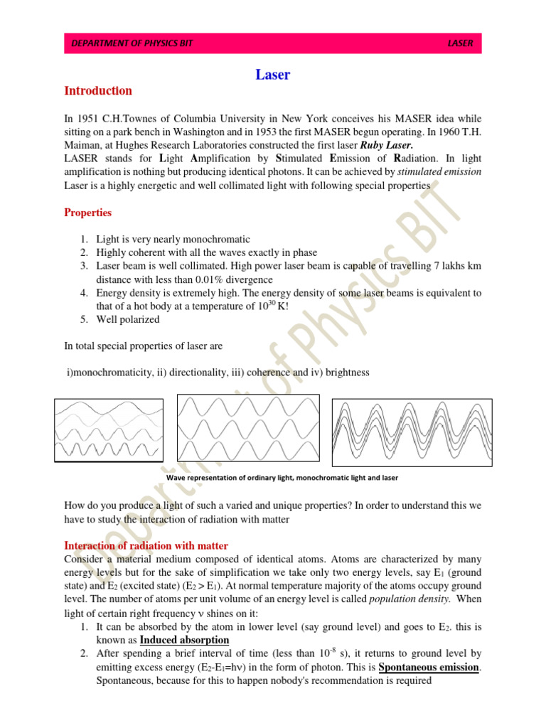 Laser Notes For EEE Students | PDF | Laser | Photon