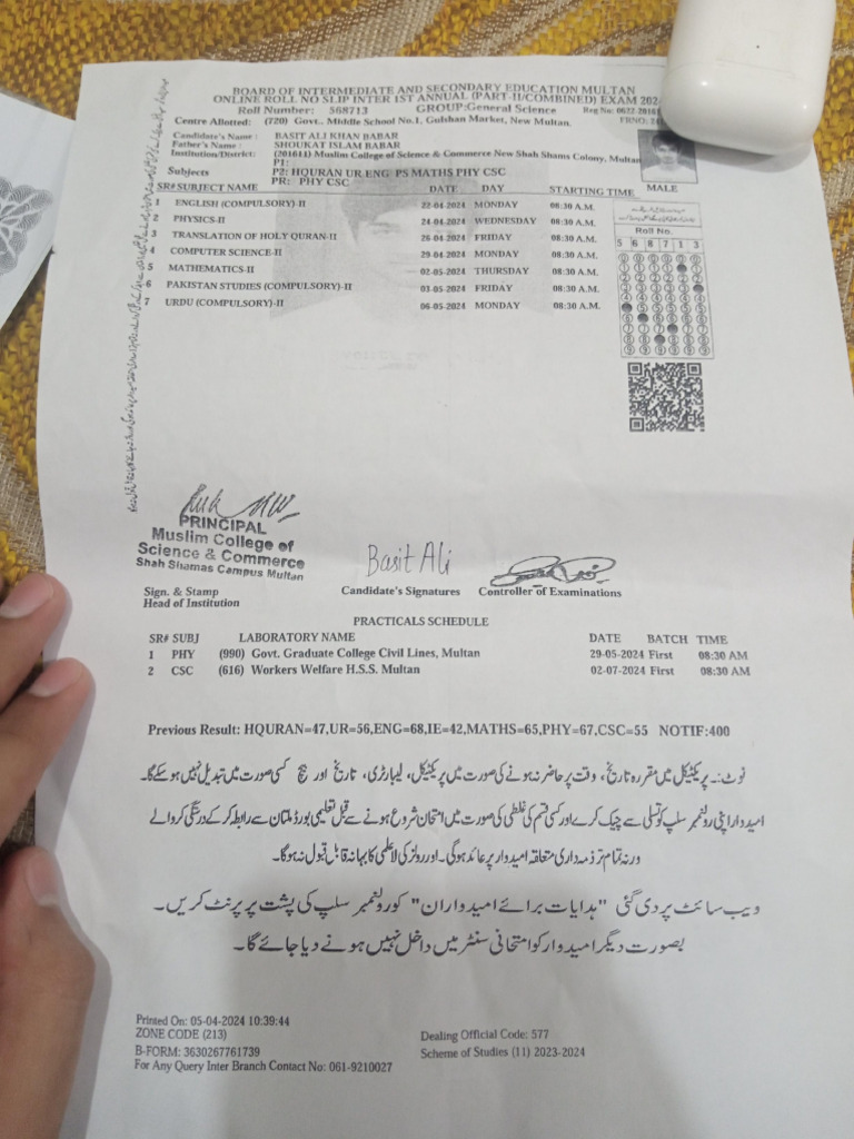 Intermediate Roll Number Slip | PDF