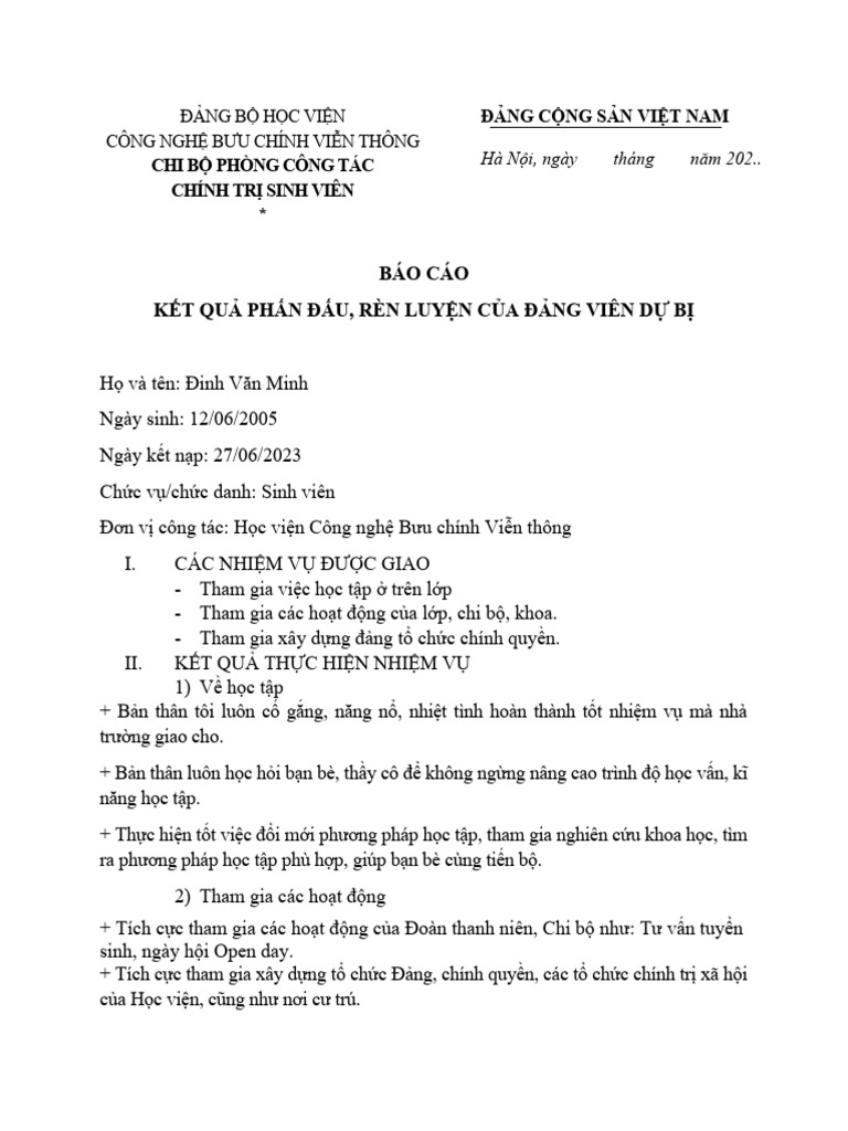 BC KQ Phan Dau, Ren Luyen Cua DVDB - Chi B TR C Thu C | PDF