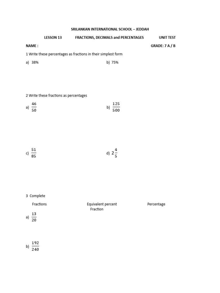 G - 7 Chap#13 Math Unit Test | PDF | Percentage | Economies