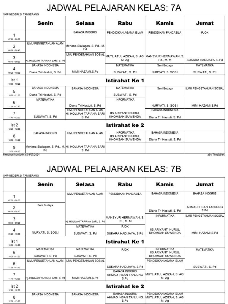 Jadwal Kelas 2425 Fix | PDF