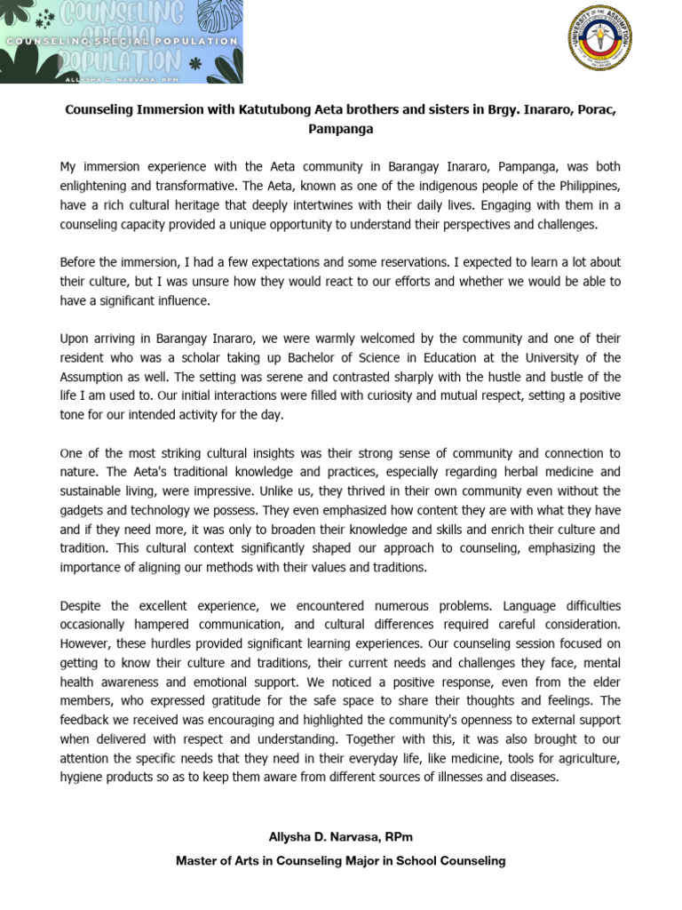 Narvasa-Villa Maria Exposure Paper | PDF | Experience | Community