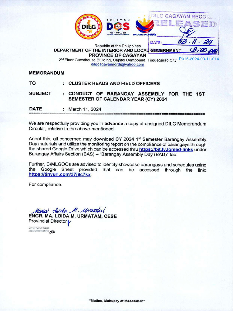 Memorandum To Cluster Heads and Field Officers Re Conduct of Barangay ...