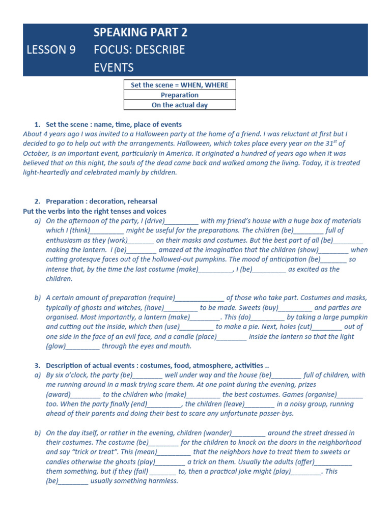 SPEAKING INTENSIVE Part 2 Describe Events | PDF | Wedding | Halloween