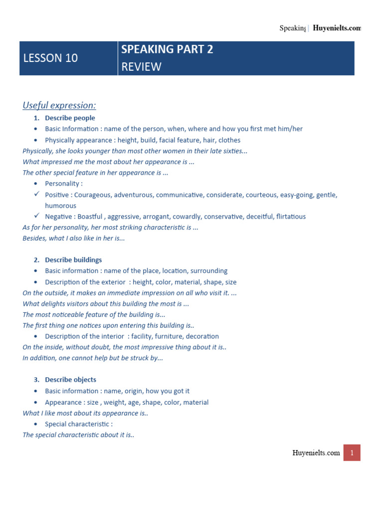 Speaking Part 2 Review Guide | PDF | Language Arts & Discipline | Self ...
