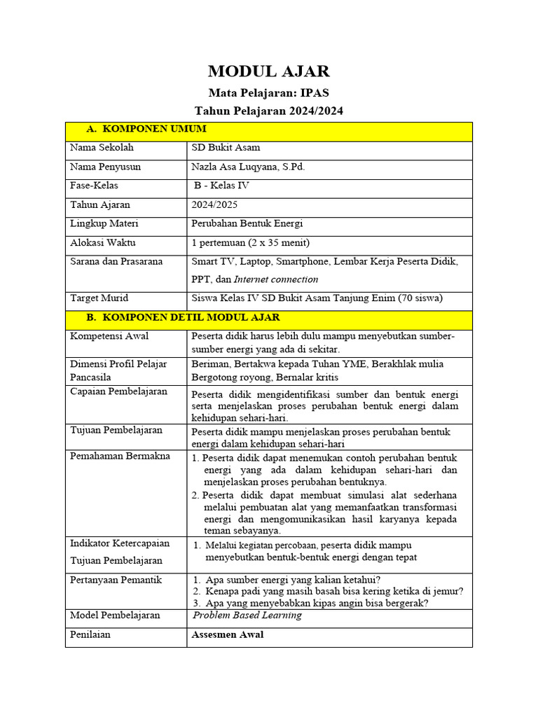 Modul Ajar IPAS: Energi Kelas IV SD | PDF