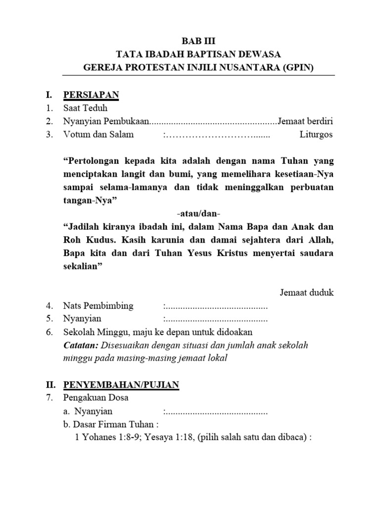 Tata Ibadah Baptisan Dewasa GPIN | PDF | Agama & Spiritualitas