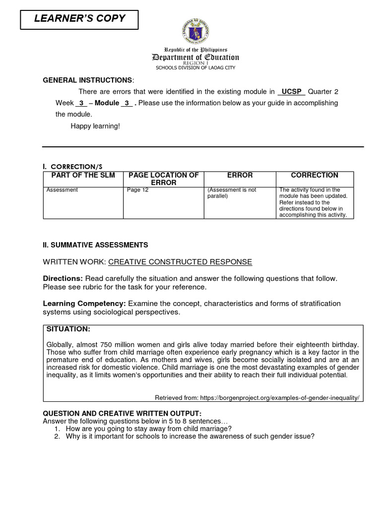 Summative Assessment q2 Week 3 | PDF | Learning | Child Marriage
