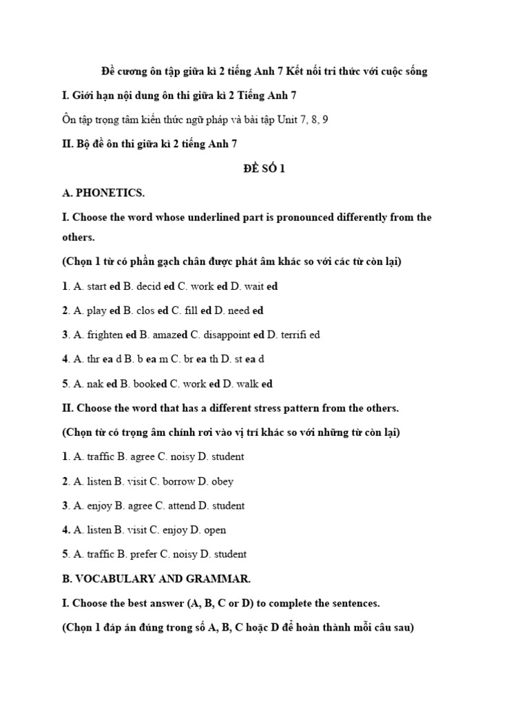 De Cuong On Tap Giua Hoc Ki 2 Mon Tieng Anh 7 Ket Noi Tri Thuc | PDF | Common Cold